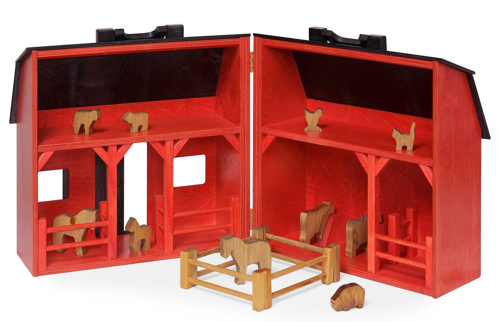 Wooden & Handcrafted Toys RED FOLDING BARN BARNYARD Farm Animals, Fence ...